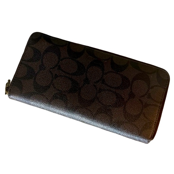 Coach | Bags | Coach Dark Brown Classic Monogram Zipper Wallet Leather ...